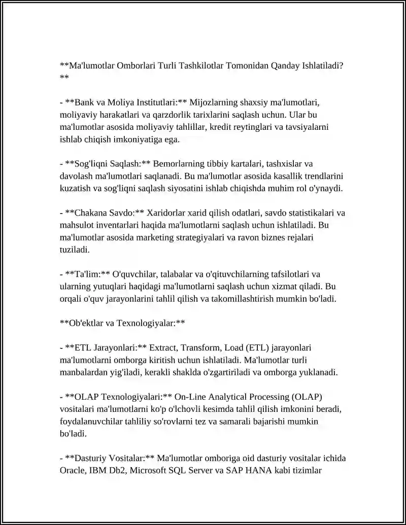 MA'LUMOTLAR OMBORI HAQIDA TUSHUNCHA