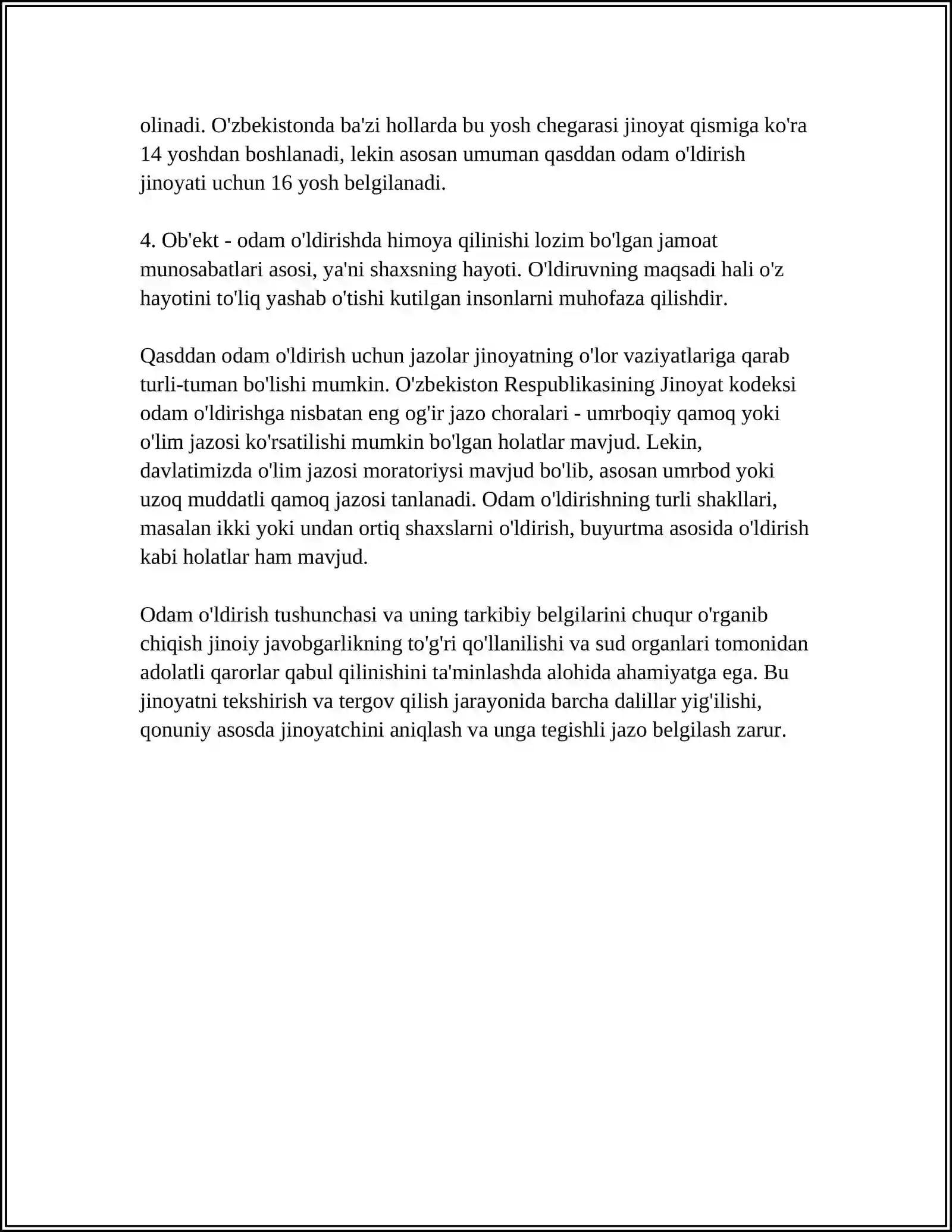JINOYAT KODEKSI ODAM O'LDIRISH