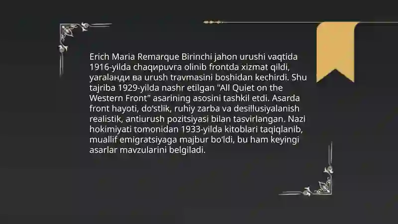 ERIX MARIA REMARKning hayoti va ijodiy yo'li