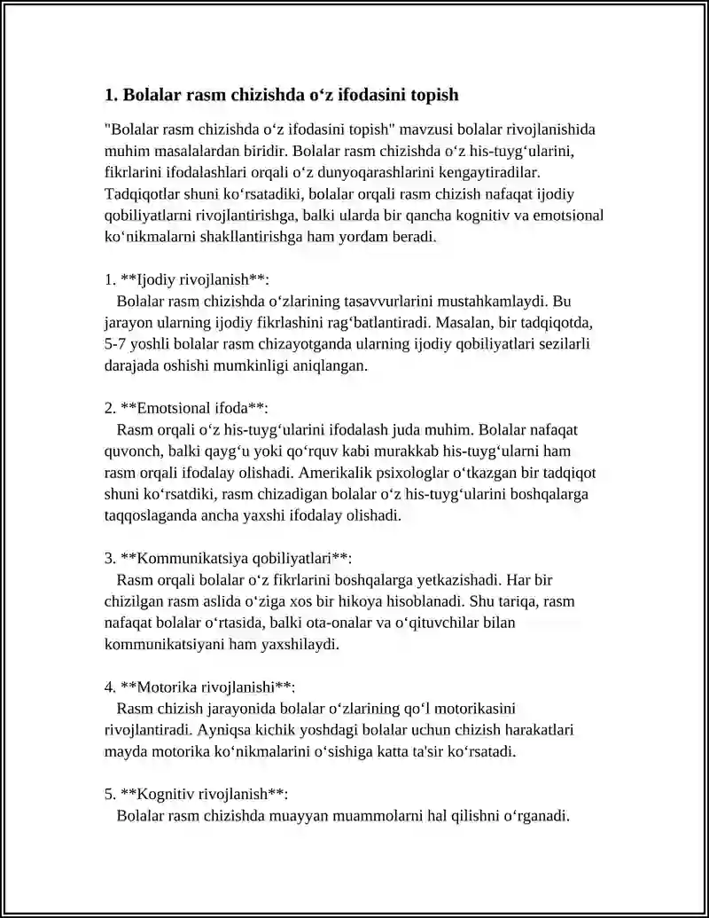 Bolalar Rasm Chizishda O‘z Ifodasini Topish