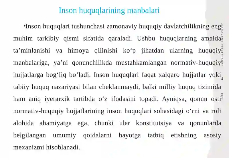 Inson huquqlarining manbasi sifatida qonun ostoni normativ hujjatlari