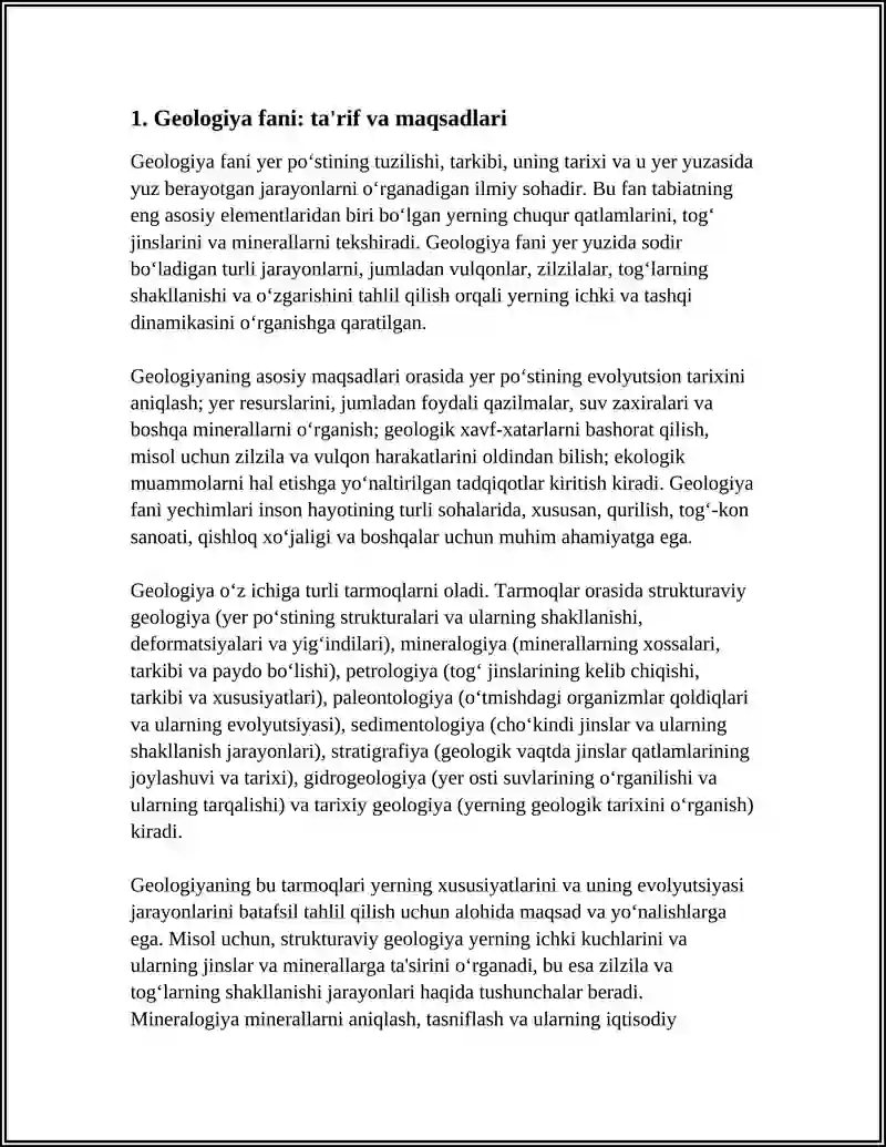 GEOLOGIYA FANI VA UNING TARMOQLARI HAQIDA TUSHUNCHA